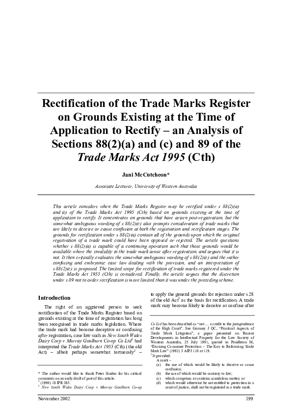 (PDF) Rectification of the Trade Marks Register on Grounds Existing at the Time of Application ...