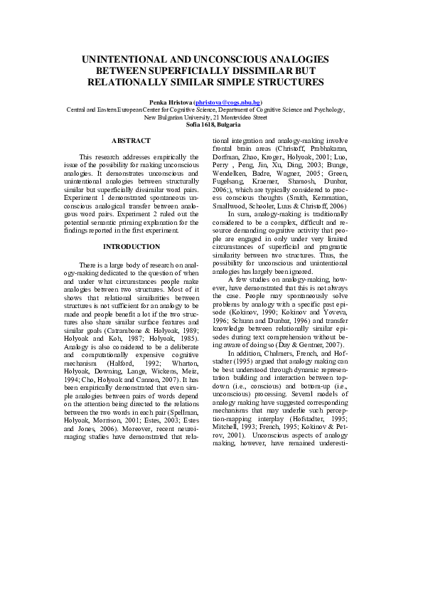(PDF) Unintentional and Unconscious Analogies UNINTENTIONAL AND ...
