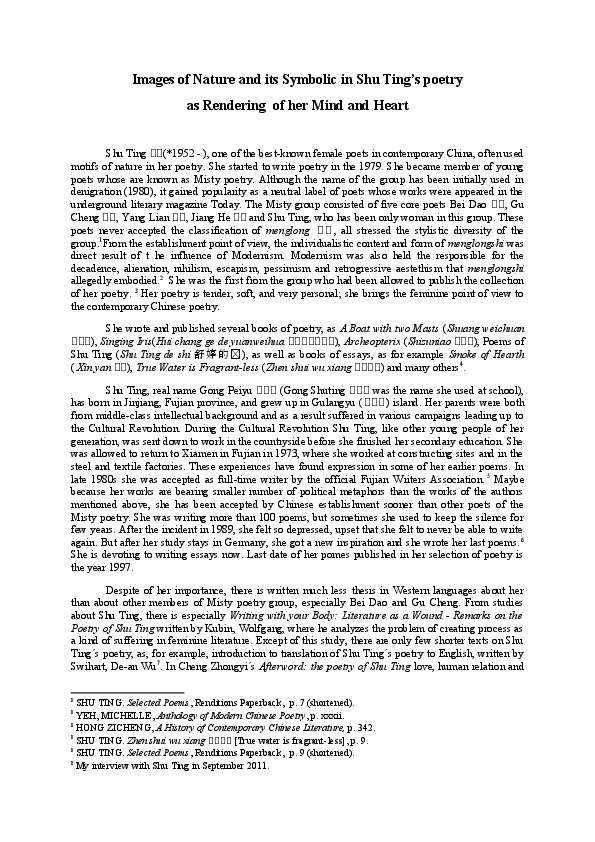 (DOC) Images of Nature and its Symbolic in Shu Ting’s poetry as ...