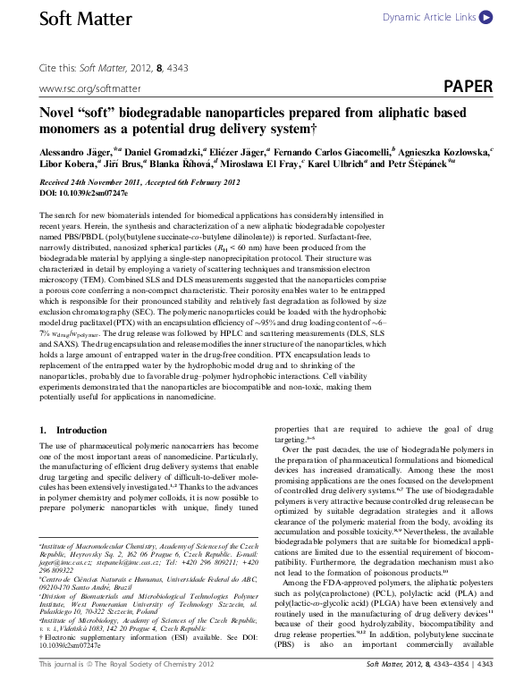 Novel soft biodegradable nanoparticles prepared from aliphatic based ...