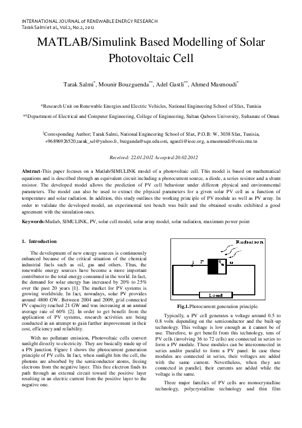 Pdf Matlab Simulink Based Modelling Of Solar Photovoltaic Cell