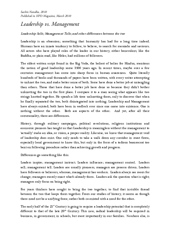 (PDF) Leadership vs. Management