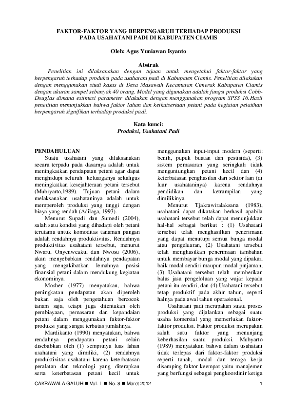 (PDF) Faktor-Faktor yang Berpengaruh Terhadap Produksi pada Usahatani Padi di Kabupaten Ciamis