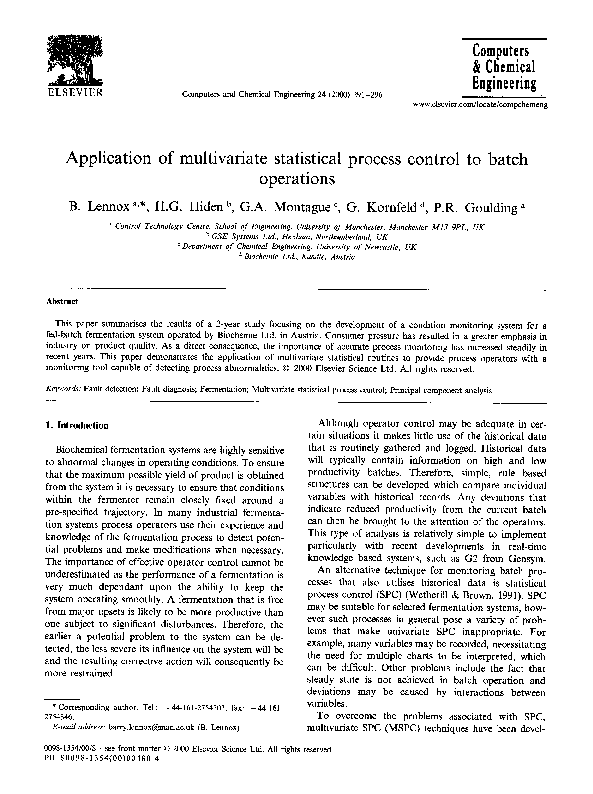 (PDF) Application of multivariate statistical process control to batch operations