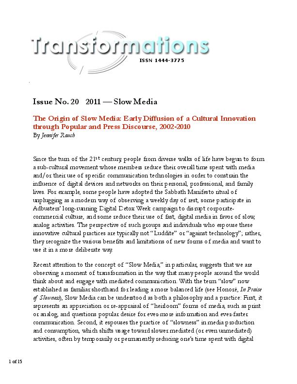 (PDF) The Origins of Slow Media: Early Diffusion of a Cultural ...