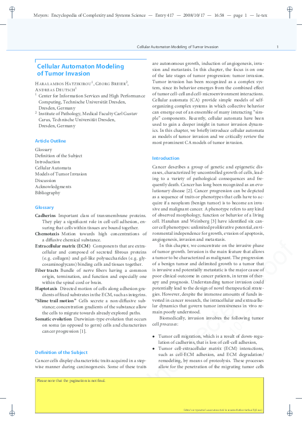 (PDF) Cellular automata models of tumor invasion, Encyclopedia of Complexity and Systems Science