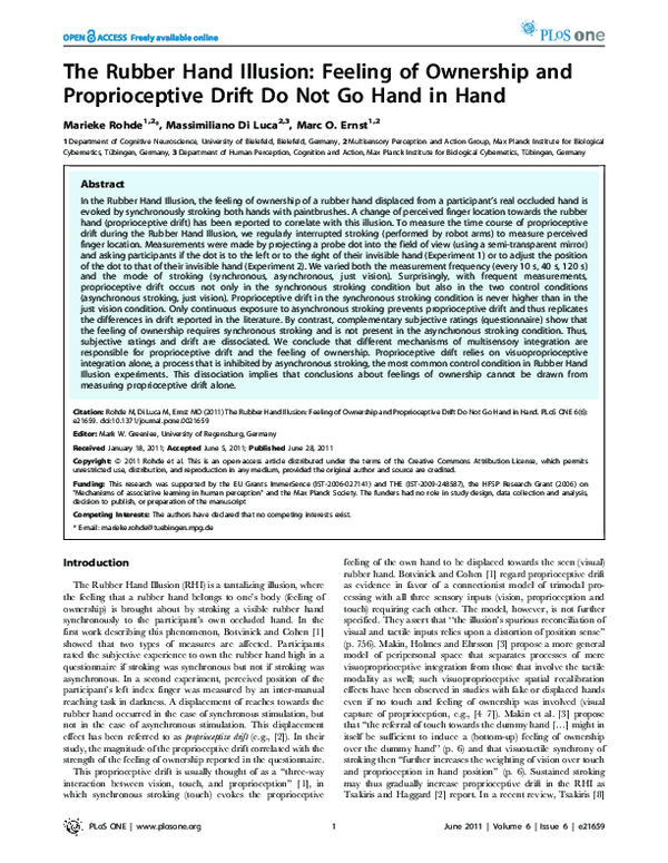 (PDF) The Rubber Hand Illusion: feeling of ownership and proprioceptive ...