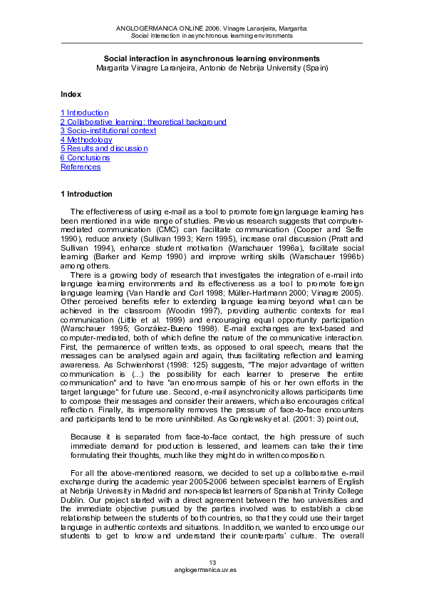 Pdf Social Interaction In Asynchronous Learning Environments