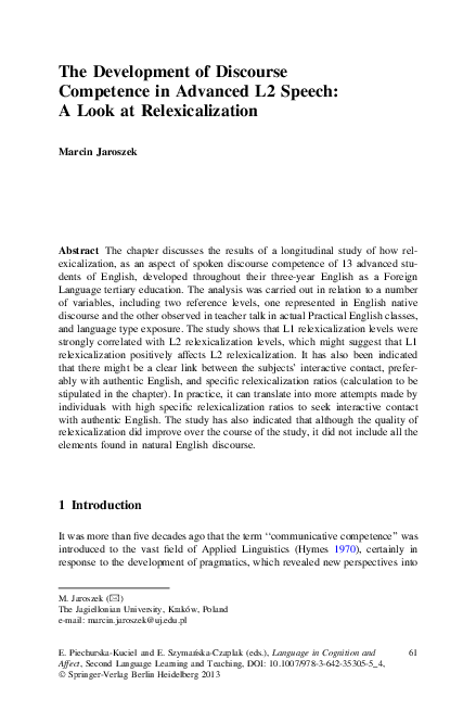 (PDF) The Development of Discourse Competence in Advanced L2 Speech: A Look at Relexicalization
