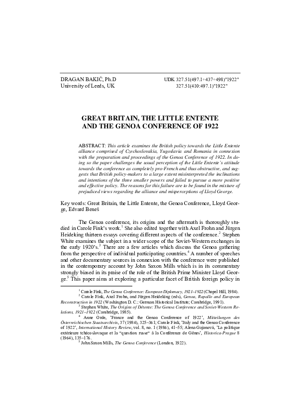 (PDF) Great Britain, the Little Entente and the Genoa Conference of 1922