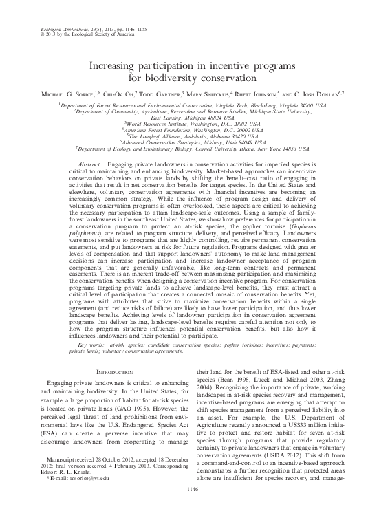 (PDF) Increasing participation in incentive programs for biodiversity conservation