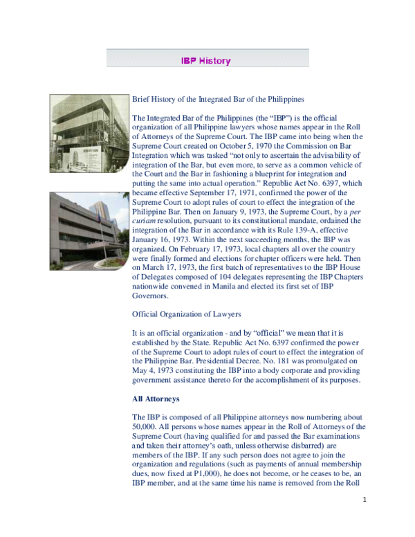 (DOC) Brief History of the Integrated Bar of the Philippines