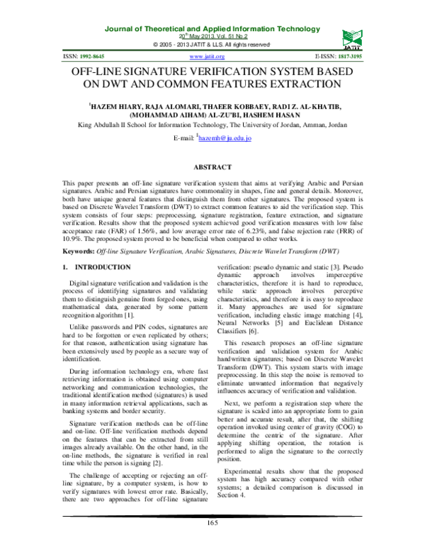 Pdf Off Line Signature Verification System Based On Dwt And Common Feature Extraction