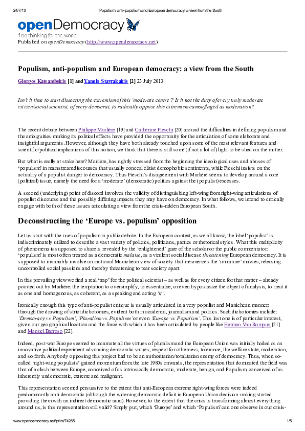 (PDF) Populism, anti-populism and European democracy: a view from the South