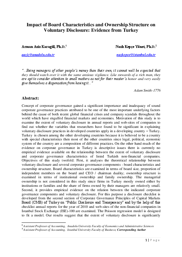 (PDF) "Impact of Board Characteristics and Ownership Structure on Voluntary Disclosure"