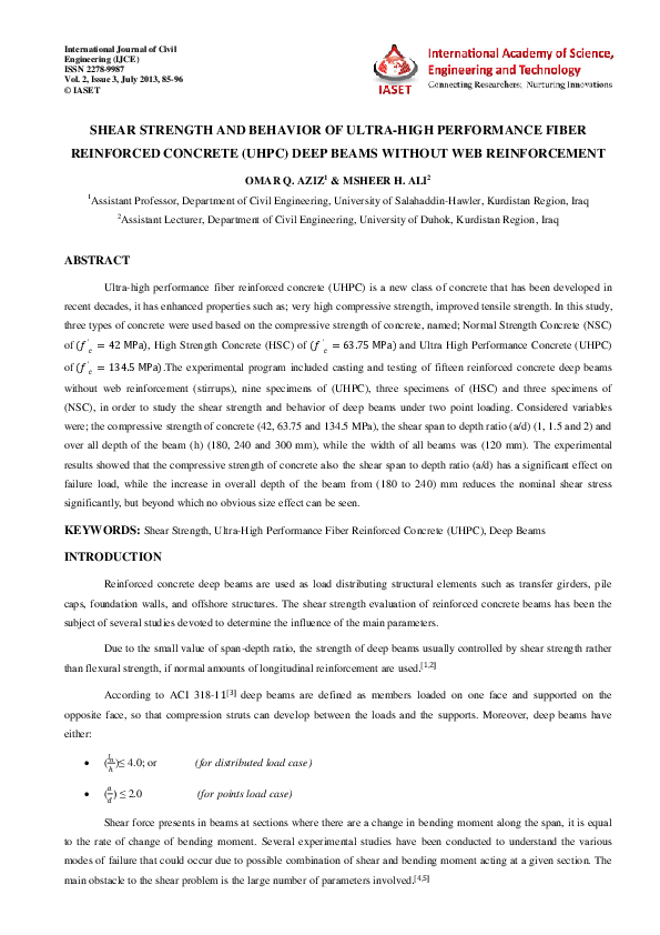 (PDF) SHEAR STRENGTH AND BEHAVIOR OF ULTRA-HIGH PERFORMANCE FIBER REINFORCED CONCRETE (UHPC ...