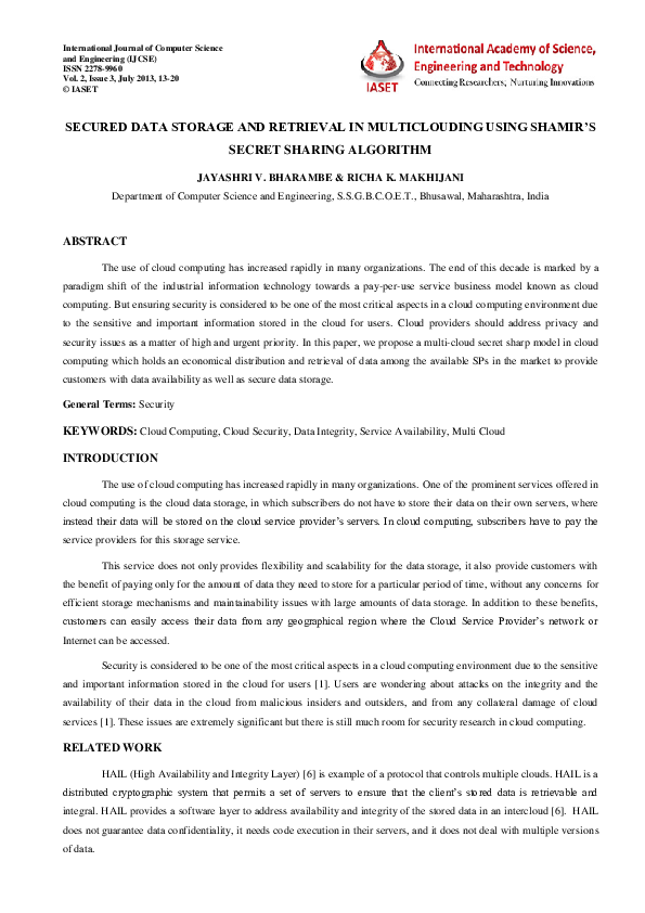 (PDF) SECURED DATA STORAGE AND RETRIEVAL IN MULTICLOUDING USING SHAMIR’S SECRET SHARING ALGORITHM