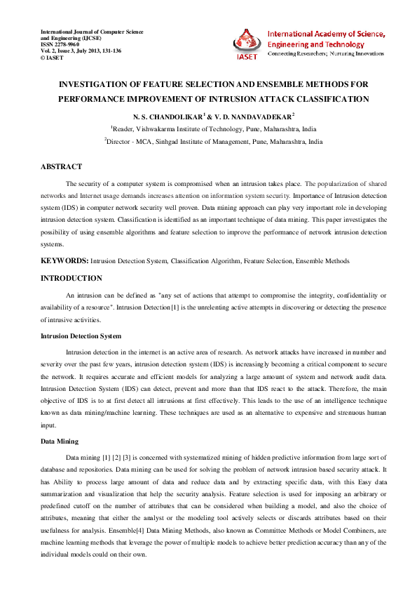(PDF) INVESTIGATION OF FEATURE SELECTION AND ENSEMBLE METHODS FOR PERFORMANCE IMPROVEMENT OF ...