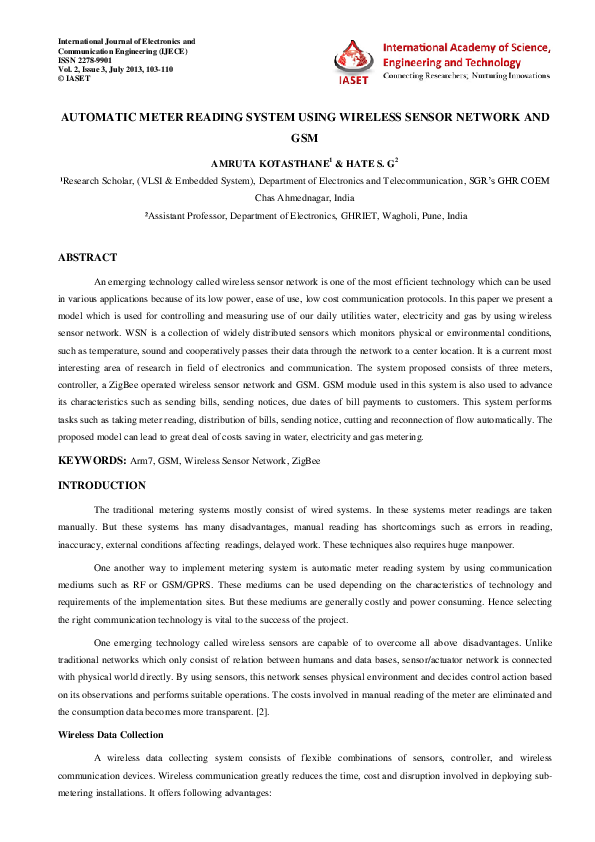 Pdf Automatic Meter Reading System Using Wireless Sensor Network And Gsm