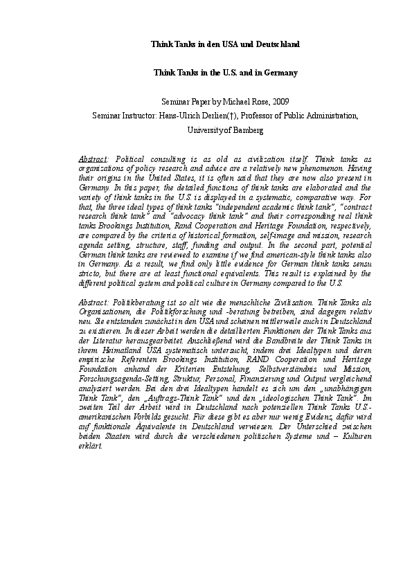 (PDF) Think Tanks in den USA und Deutschland | Think Tanks in the U.S ...