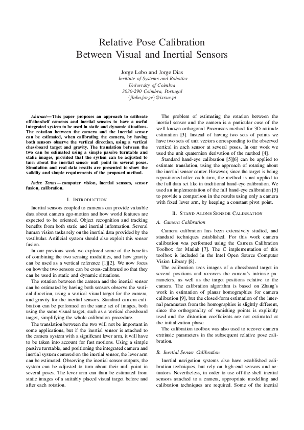 (PDF) Relative Pose Calibration Between Visual and Inertial Sensors
