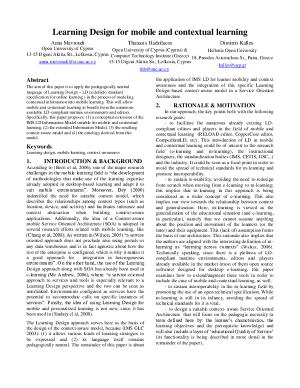 (PDF) Learning Design for mobile and contextual learning