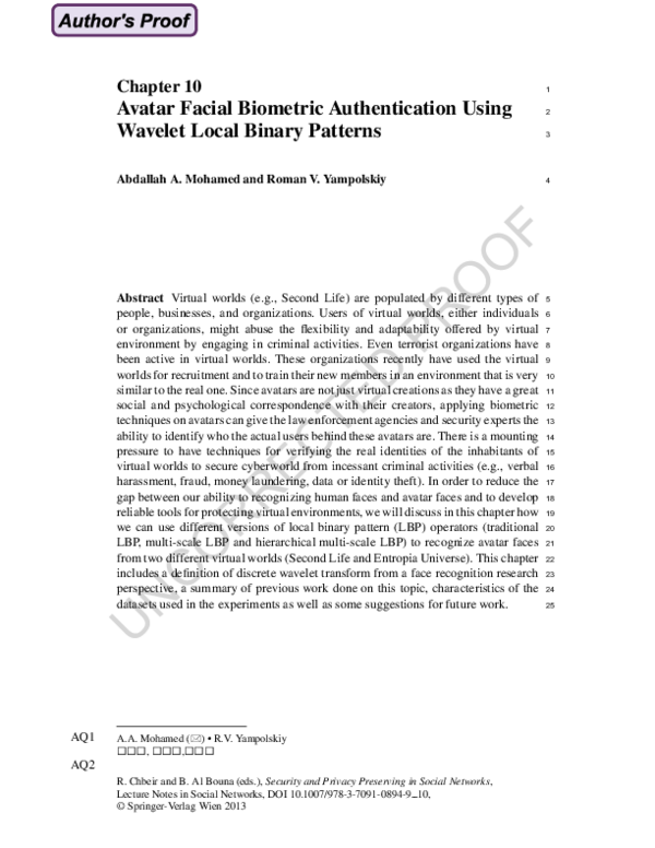 Pdf Avatar Facial Biometric Authentication Using Wavelet Local Binary Patterns