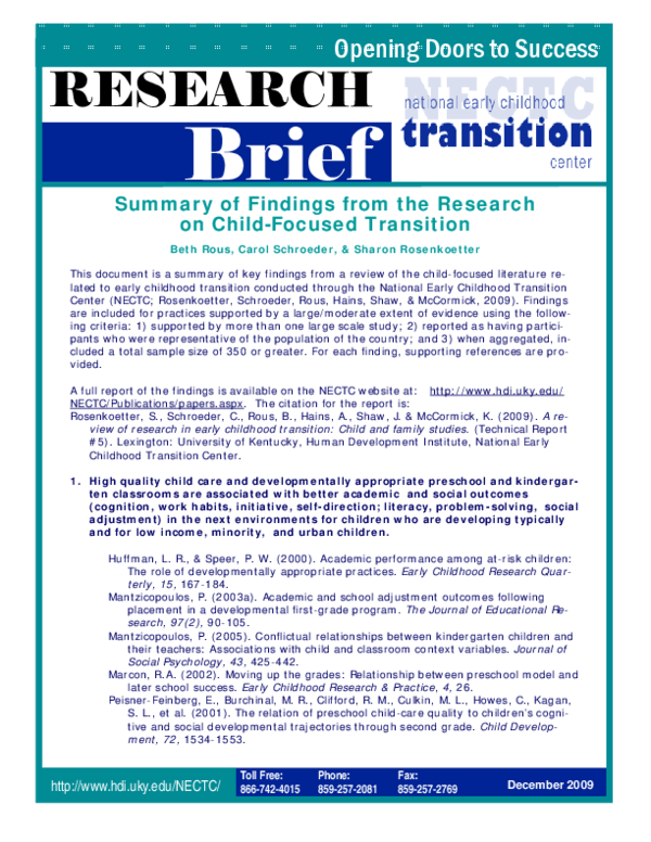 (PDF) Research Brief: Summary of Findings from the Research on Child ...