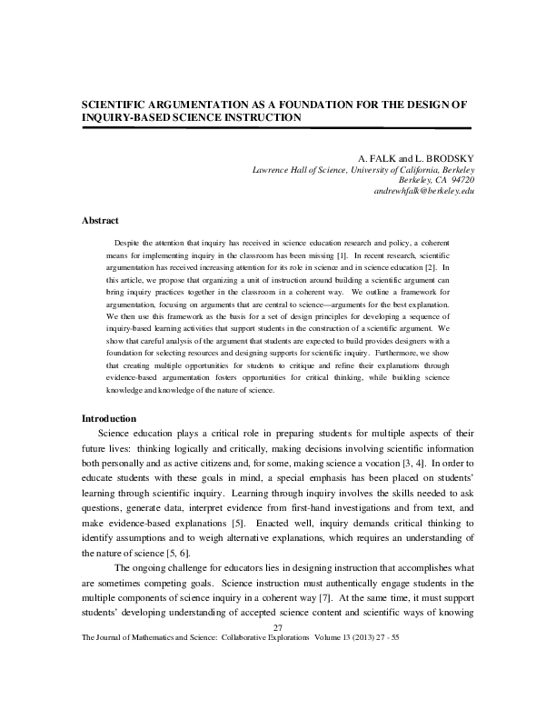 Pdf Scientific Argumentation As A Foundation For The Design Of Inquiry Based Science Instruction
