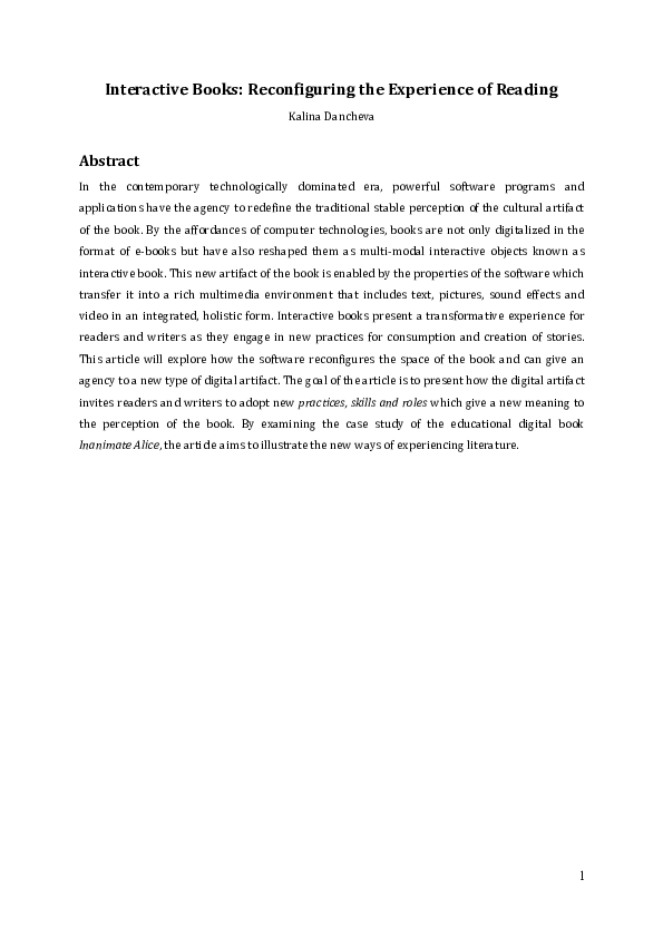 (PDF) Interactive Books: Reconfiguring the Experience of Reading