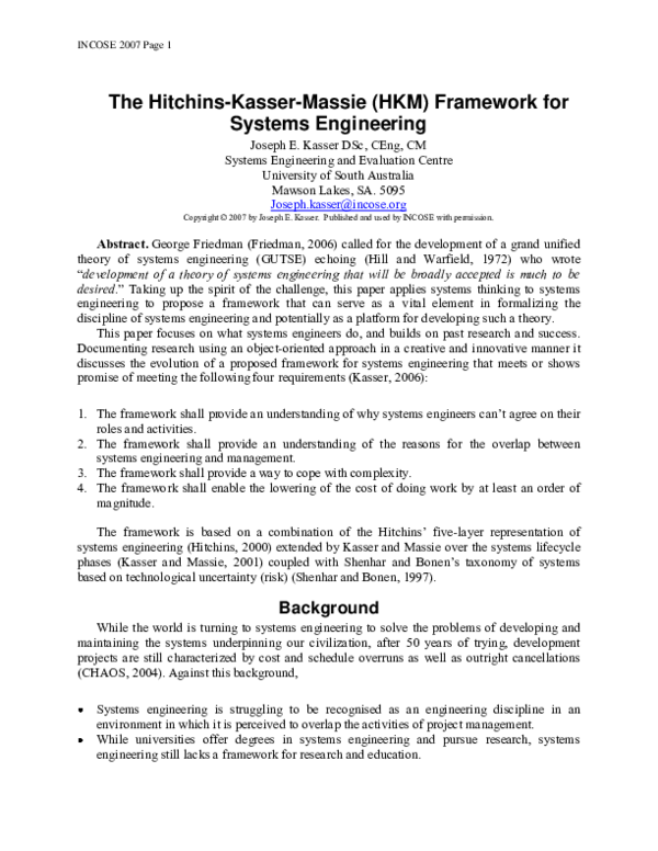 Pdf A Framework For Understanding Systems Engineering