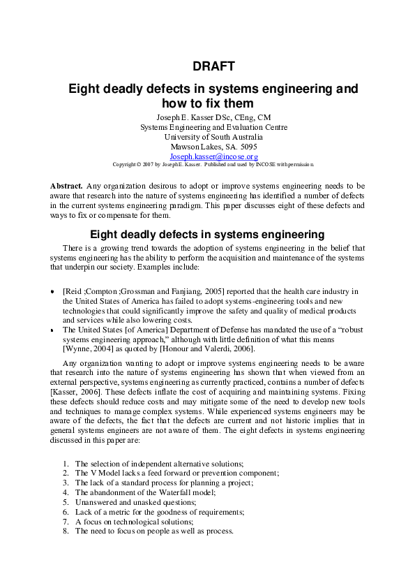 (PDF) Eight deadly defects in systems engineering and how to fix them