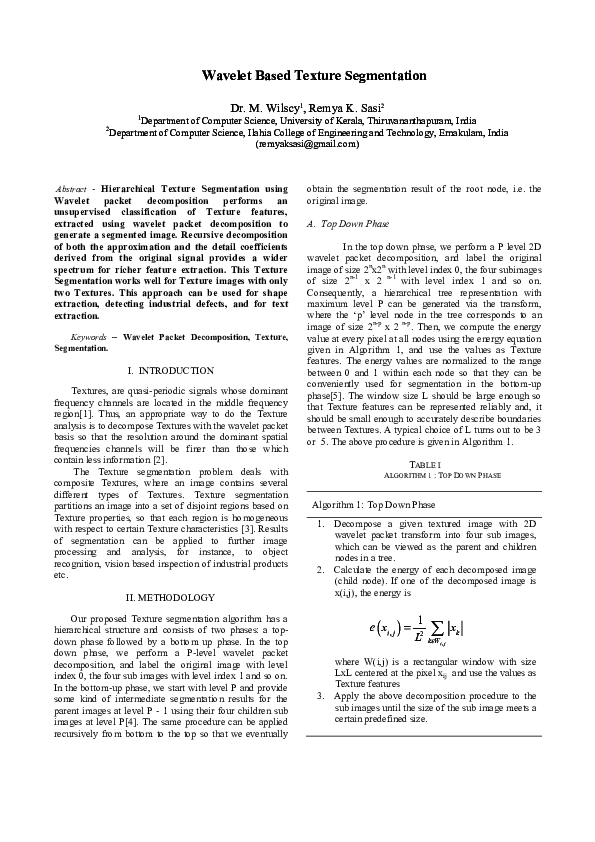 (PDF) Wavelet based Texture Segmentation | Remya Sasi - Academia.edu