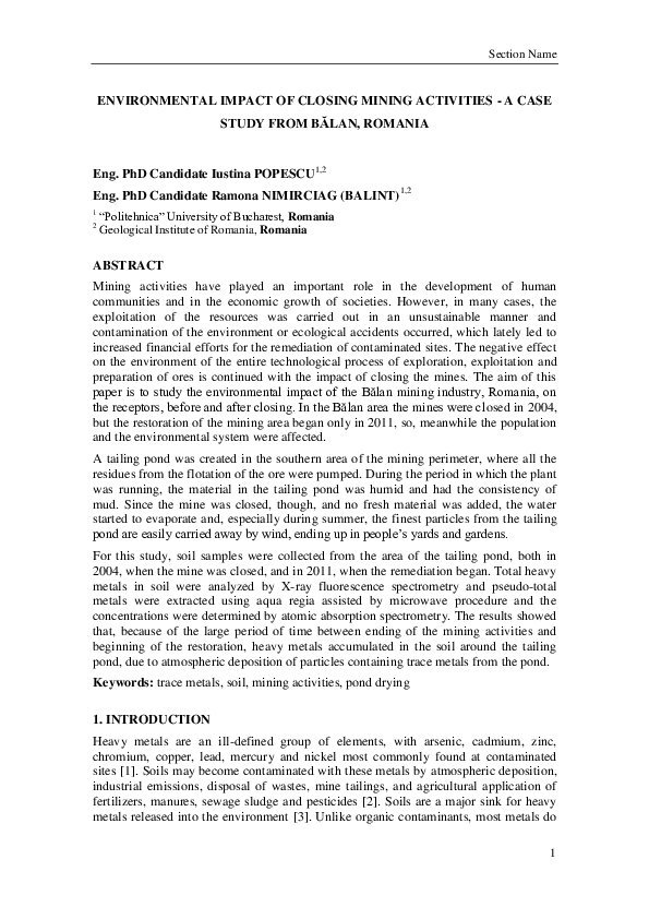 Environmental impact of closing mining activities - A case study from ...