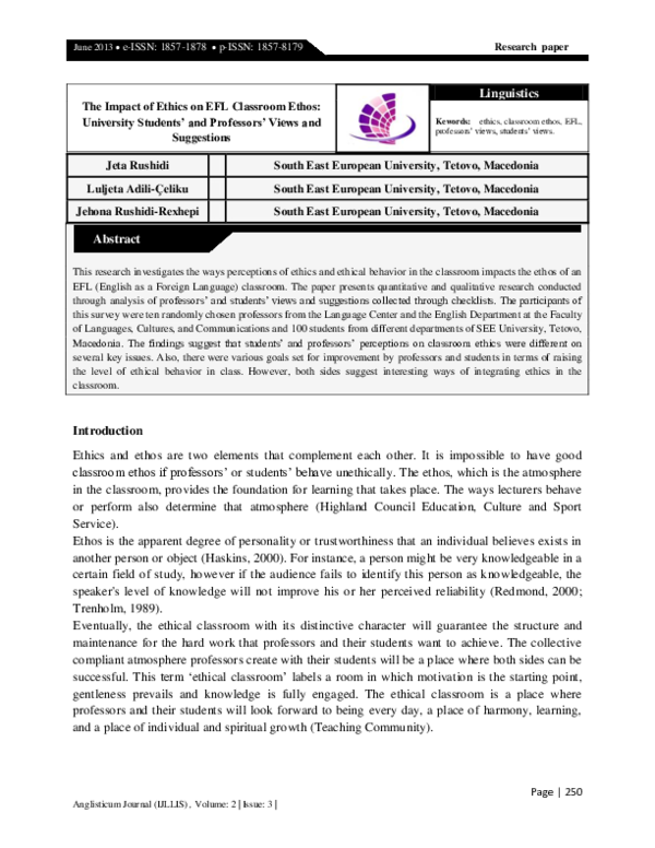 (PDF) The Impact of Ethics on EFL Classroom Ethos: University Students ...