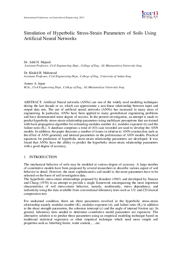 (PDF) Simulation of Hyperbolic Stress Strain Parameters of Soils Using Artificial Neural Networks