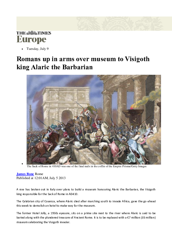 (DOC) Romans up in arms over museum to Visigoth king Alaric the Barbarian