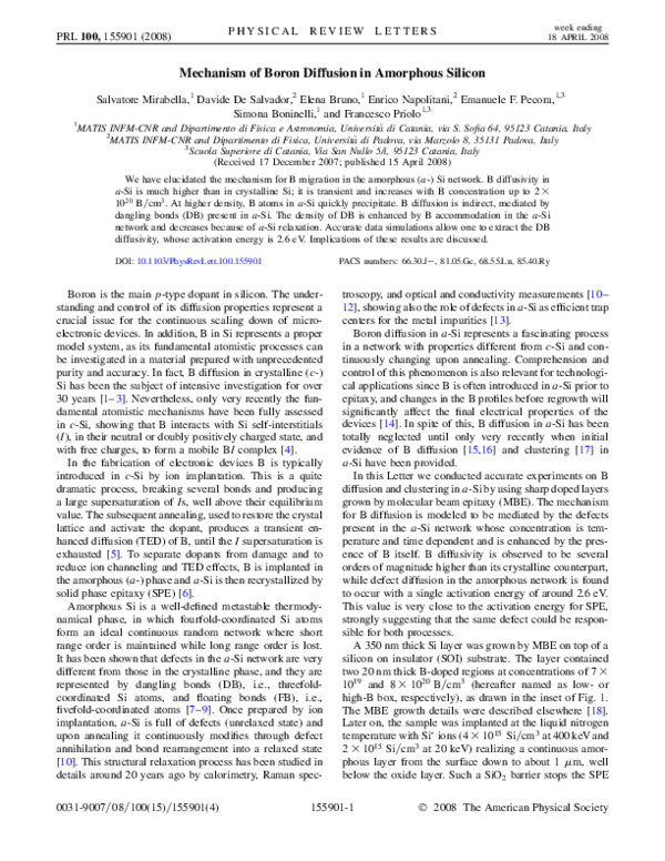 (PDF) Mechanism of Boron Diffusion in Amorphous Silicon