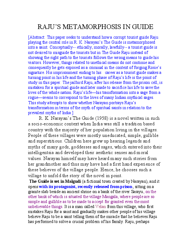 (DOC) CRITICAL STUDY OF THE NOVEL " GUIDE " BY R. K. NARAYAN | Heramb ...