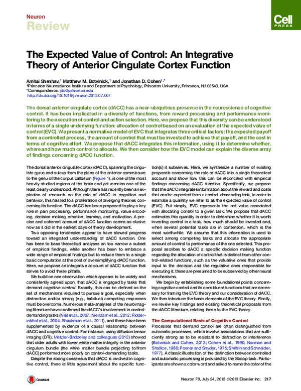 (PDF) The Expected Value of Control: An Integrative Theory of Anterior ...