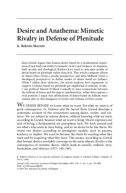 (PDF) Desire and Anathema: Mimetic Rivalry in Defense of Plenitude