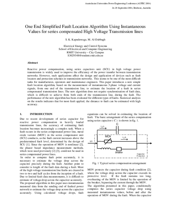 Pdf One End Simplified Fault Location Algorithm Using Instantaneous Values For Series