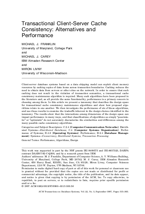 (PDF) Transactional client-server cache consistency: alternatives and performance
