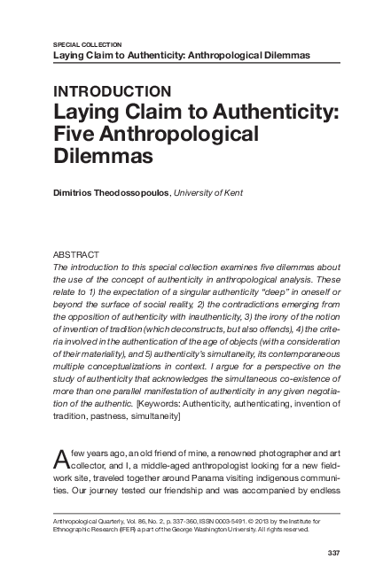 (PDF) 2013 Laying Claim to Authenticity: Five Anthropological Dilemmas