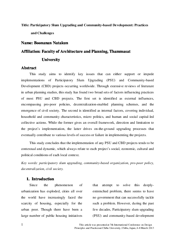 Pdf Participatory Slum Upgrading And Community Based Development Practices And Challenges