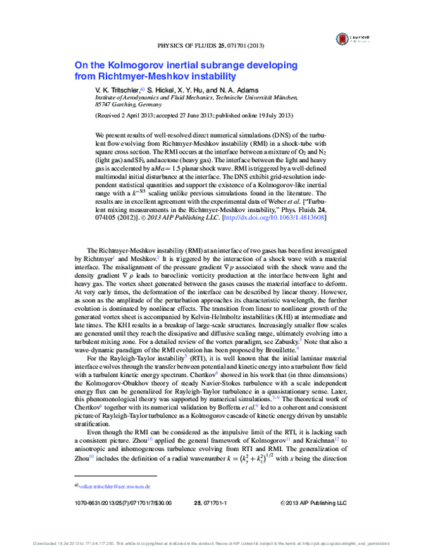 (PDF) On the Kolmogorov inertial subrange developing from Richtmyer ...