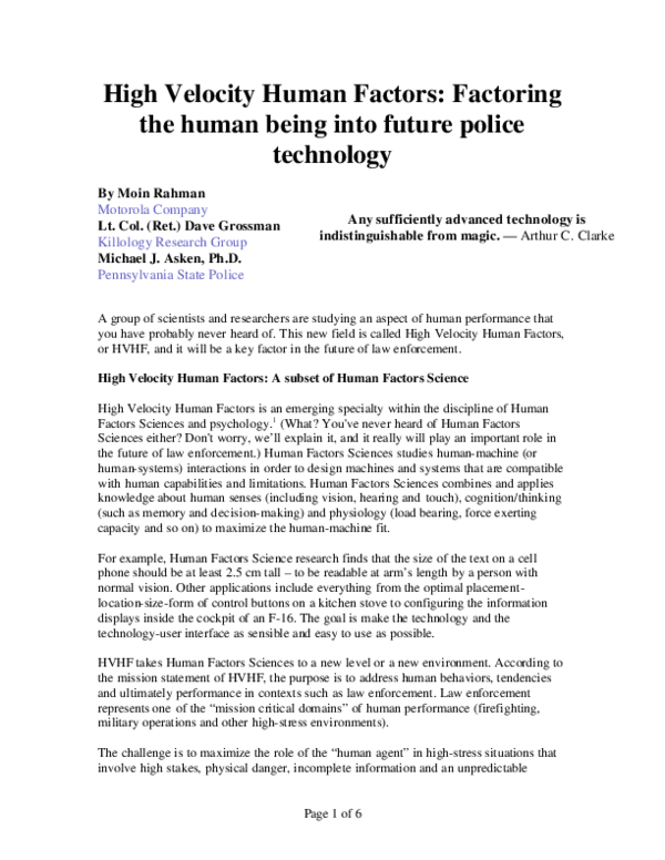 (PDF) High Velocity Human Factors: Factoring the human being into ...