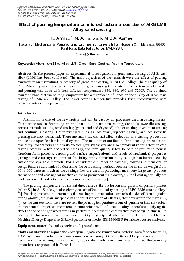 (PDF) Effect of pouring temperature on microstructure properties of Al-Si LM6 Alloy sand casting