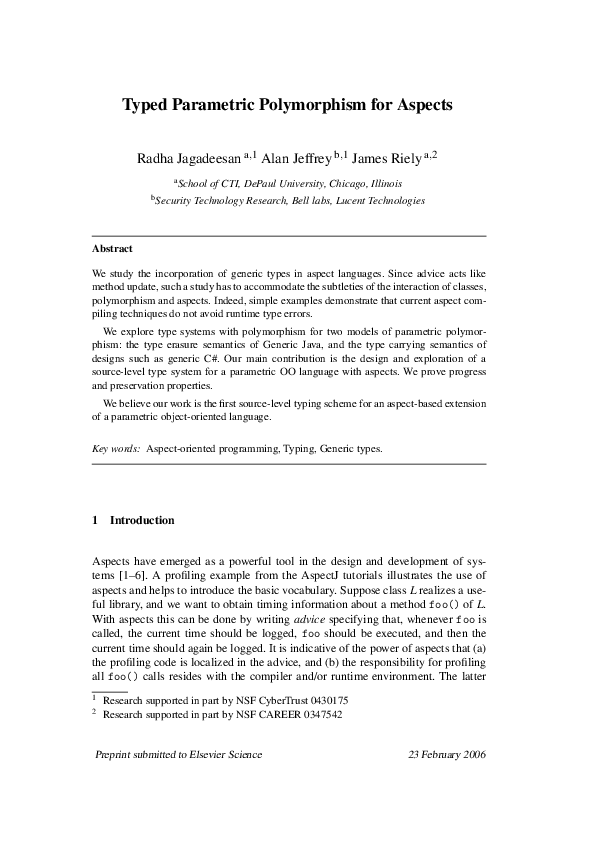 Pdf Typed Parametric Polymorphism For Aspects