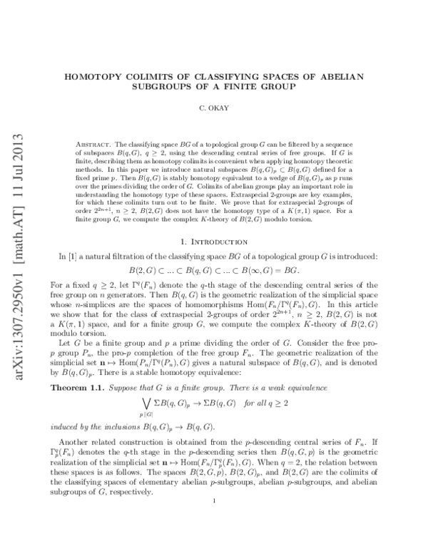 (PDF) Homotopy colimits of classifying spaces of abelian subgroups of a finite group